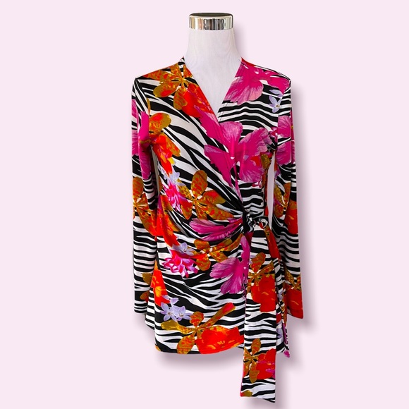 Max & Rina | Tops | Max Rina Bright Floral Zebra Print Long Sleeve Wrap ...
